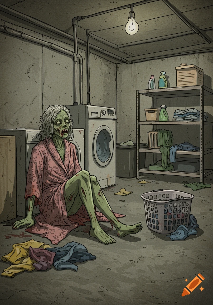 An illustrated zombie woman with green skin and gray hair, wearing a ...