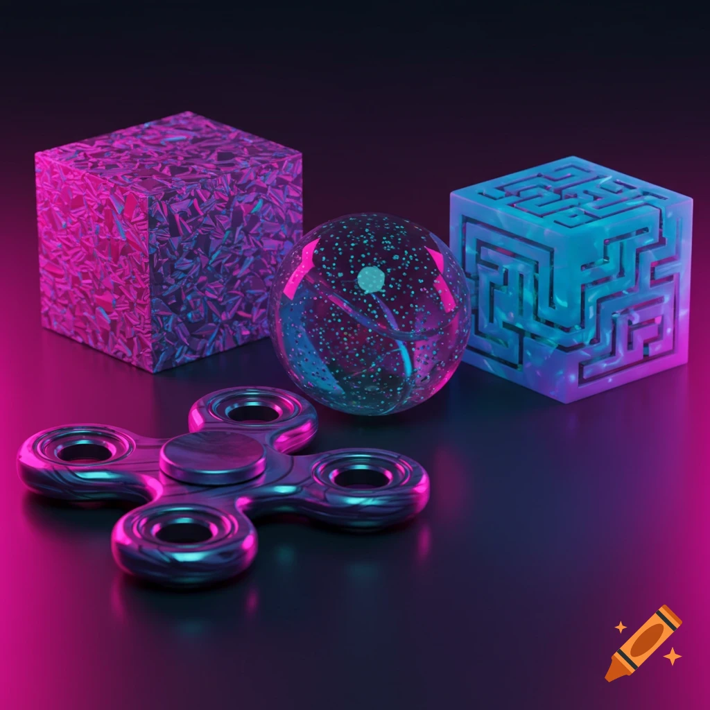 A metallic fidget spinner, a textured cube, a glowing sphere, and a ...