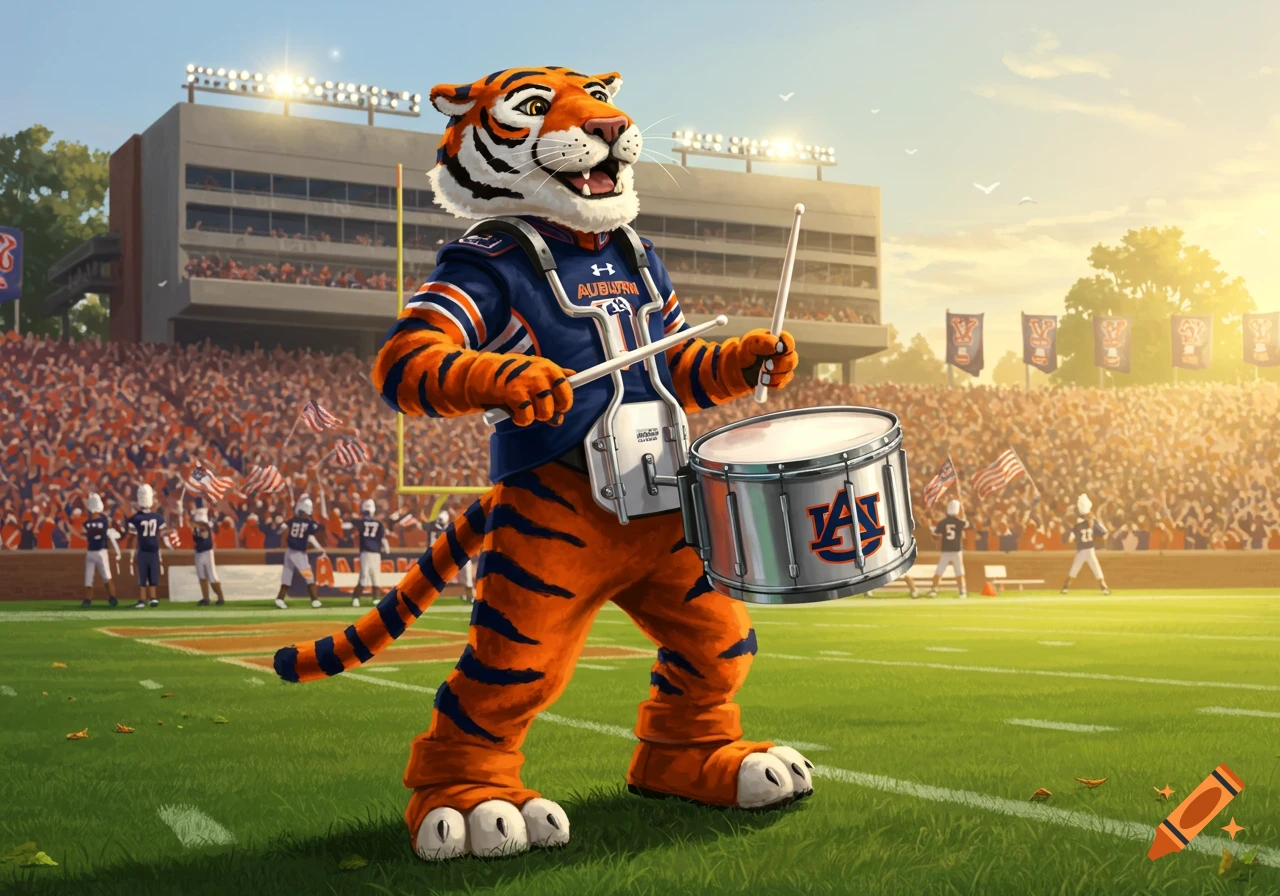 Auburn Tigers mascot, Aubie, in a navy and orange uniform, plays a ...