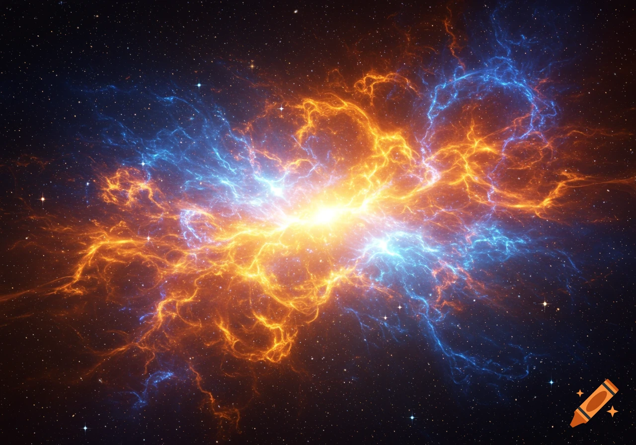 A vibrant cosmic explosion in deep space with glowing plasma and debris ...