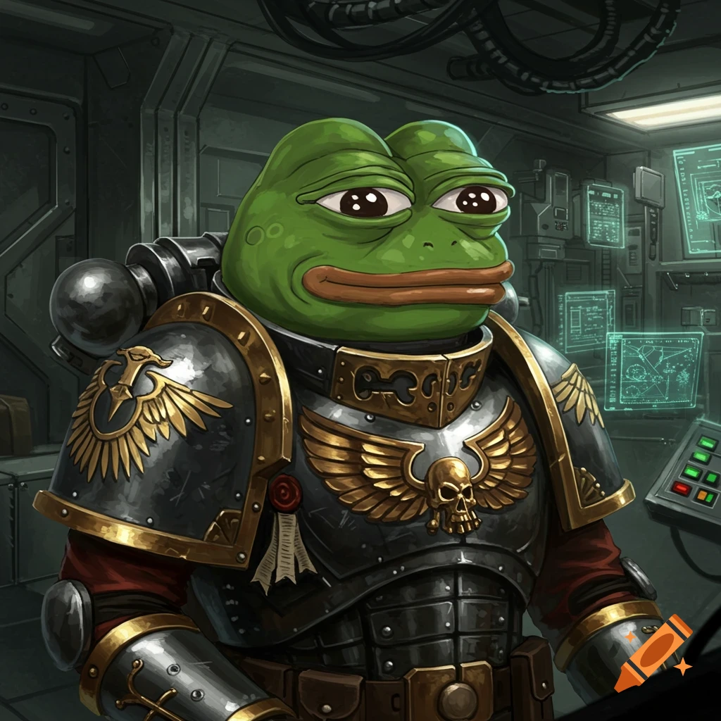 Pepe the Frog wears detailed Warhammer 40k Space Marine armor in a sci ...