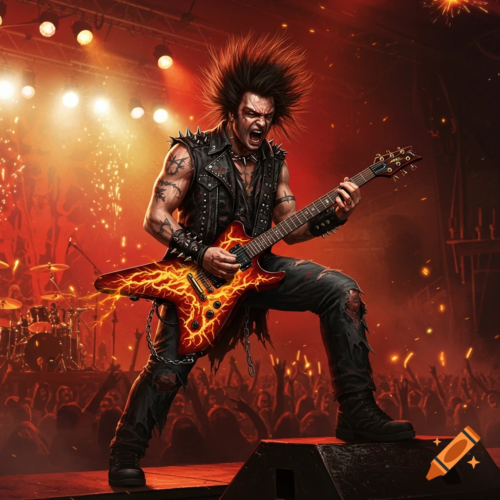 A male heavy metal guitarist with a beard, long dark hair, and glowing ...