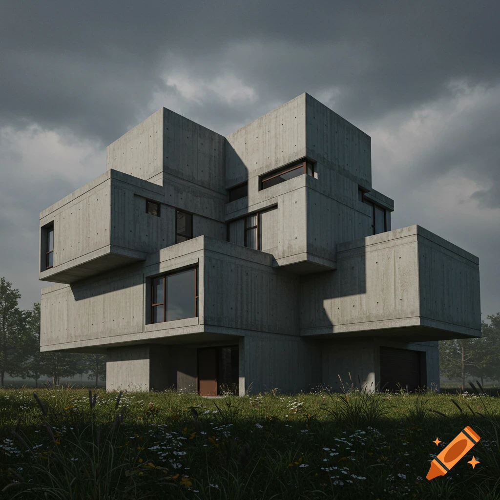 A striking brutalist concrete house with multiple geometric blocks ...