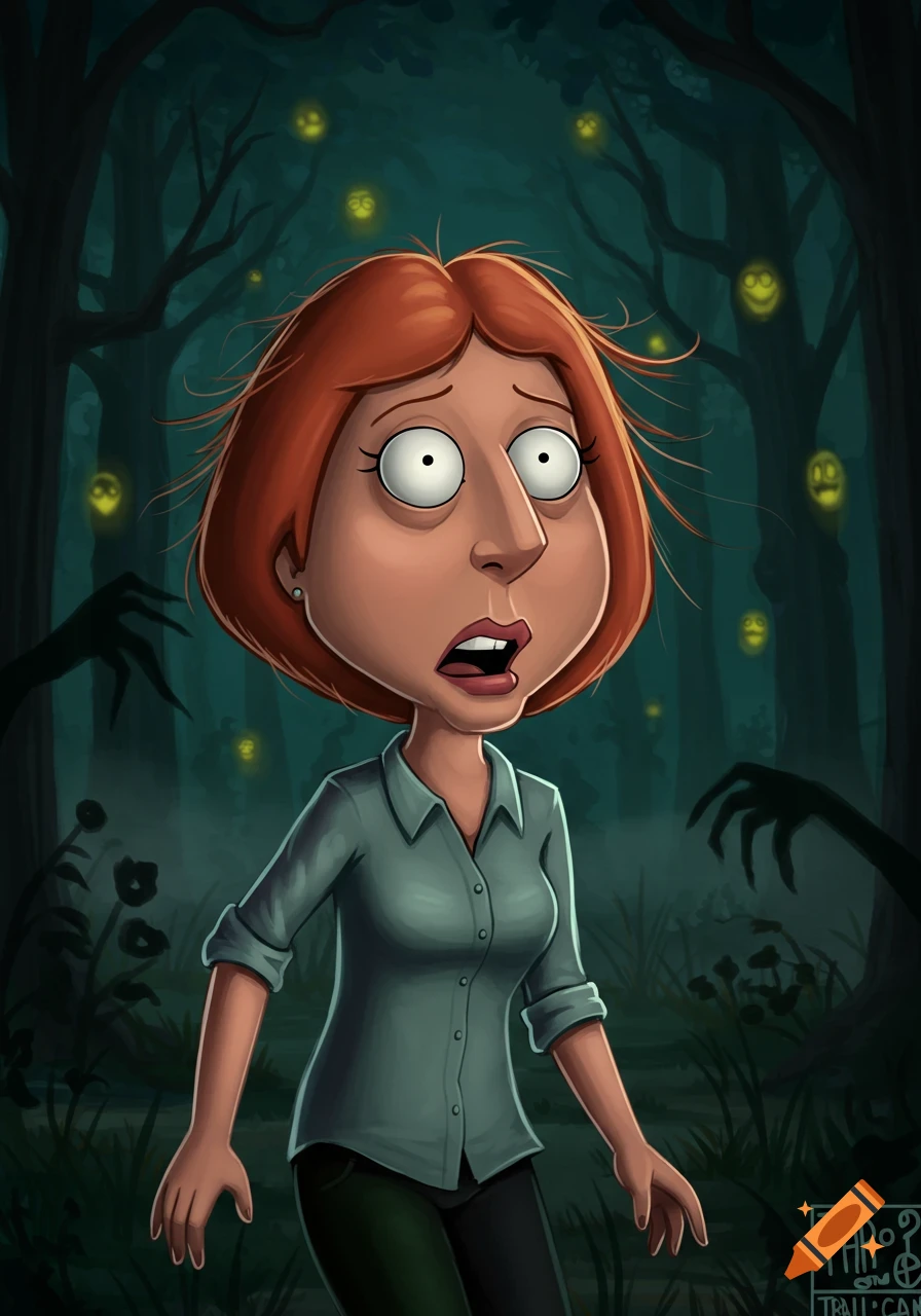 Peter and Lois Griffin, bloodied, look scared in a dark, foggy forest ...