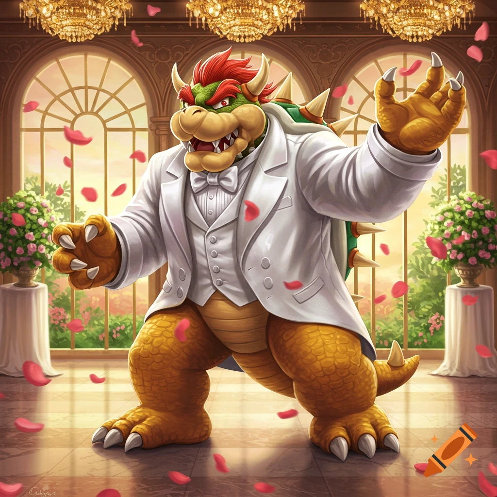 Bowser in a white tuxedo standing in a grand ballroom with falling red ...