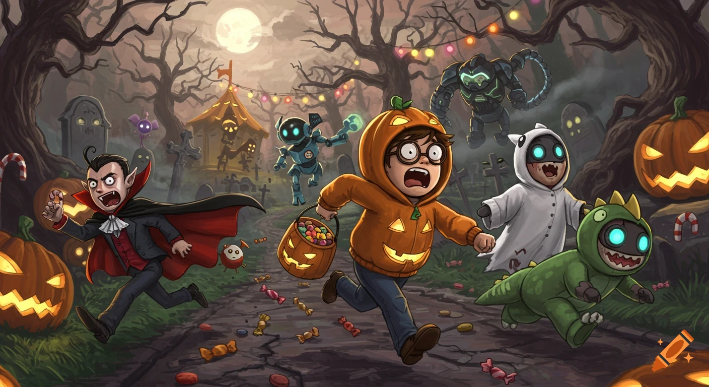 Cartoon Halloween scene of kids in costumes running through a spooky ...