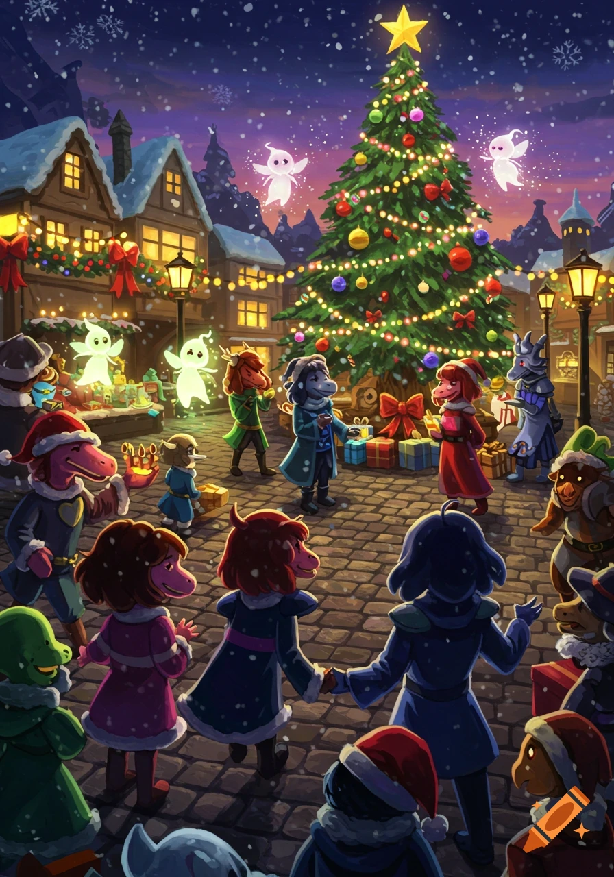 Deltarune characters celebrate Christmas in a festive, snowy village ...