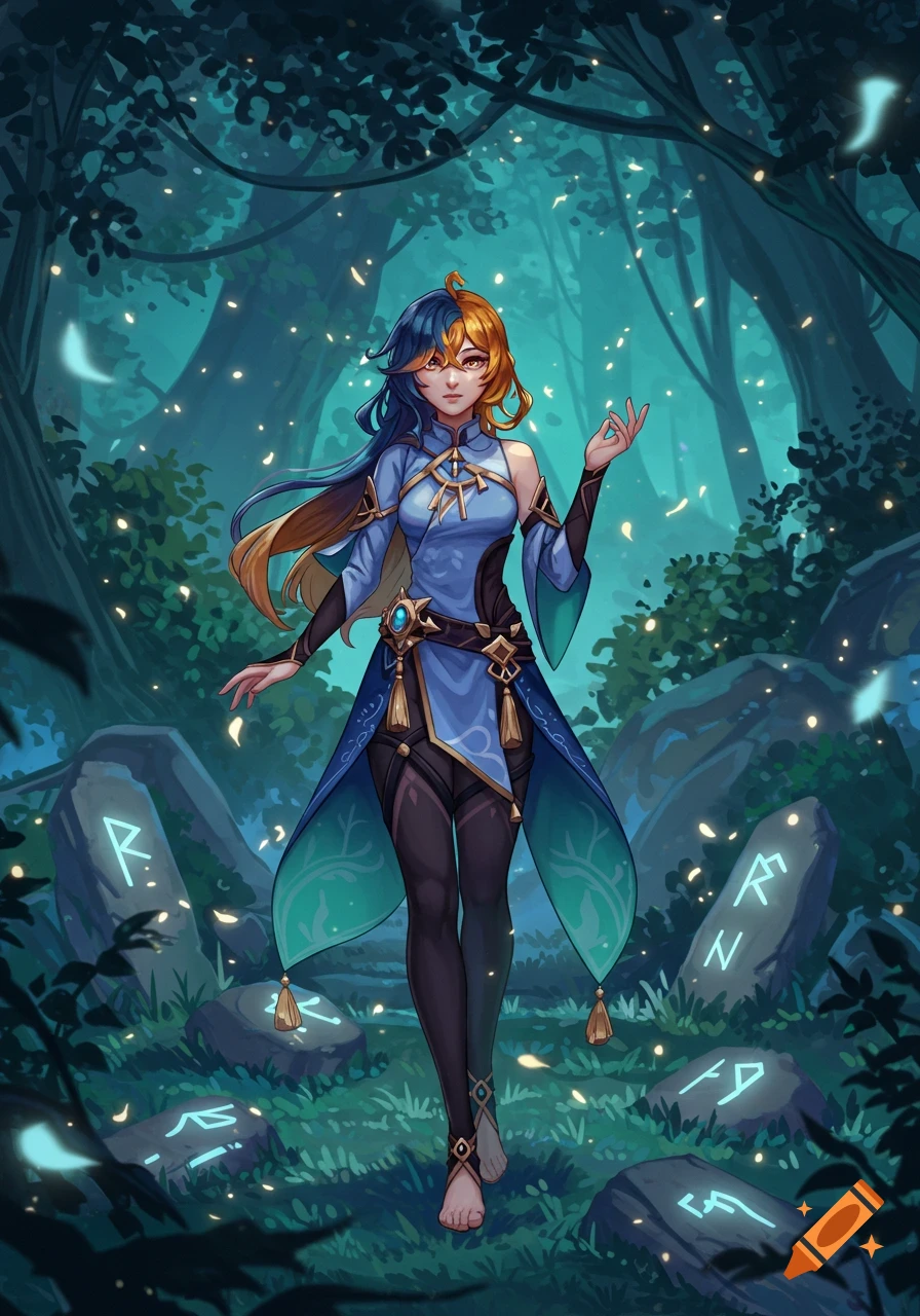 Anime illustration of a young man with a glowing staff in a vibrant ...