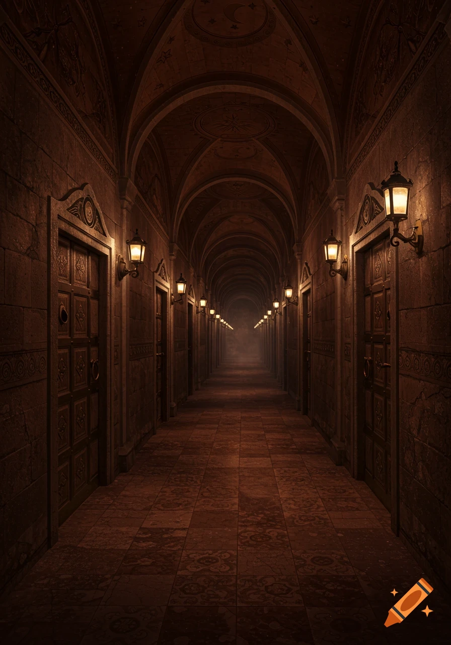 A long, dark, arched cobblestone hallway with lanterns on brick walls ...