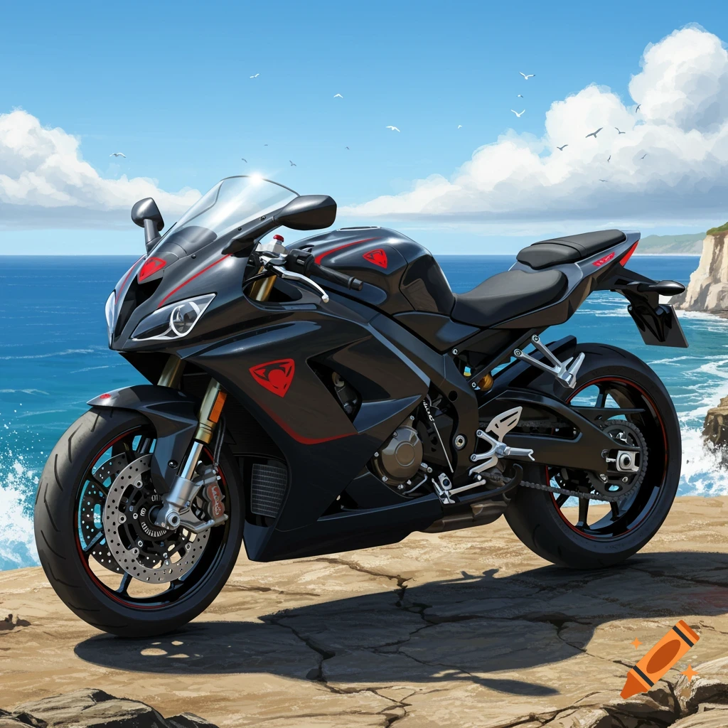 A sleek black and silver sport bike with red accents, featuring dual ...