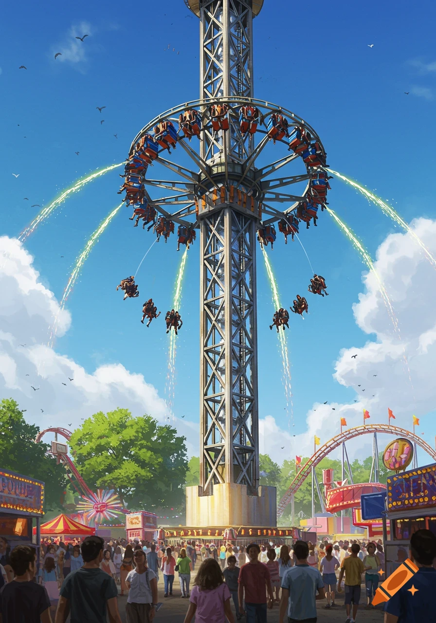 A vibrant, detailed illustration of a tall drop tower ride at a ...
