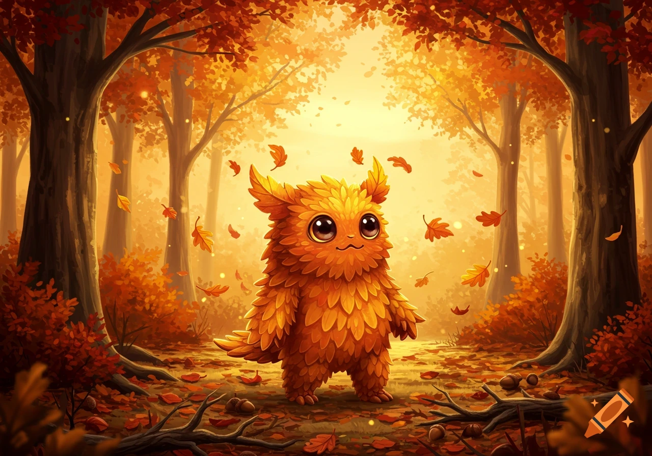 A cute, fluffy orange monster-like creature with big eyes stands in a ...
