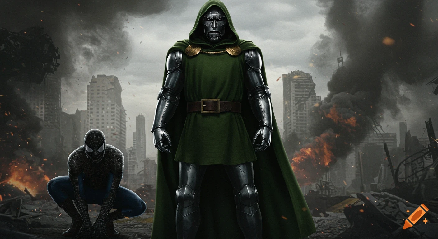 Dr. Doom stands with Symbiote Spider-Man crouching in a ruined, burning ...