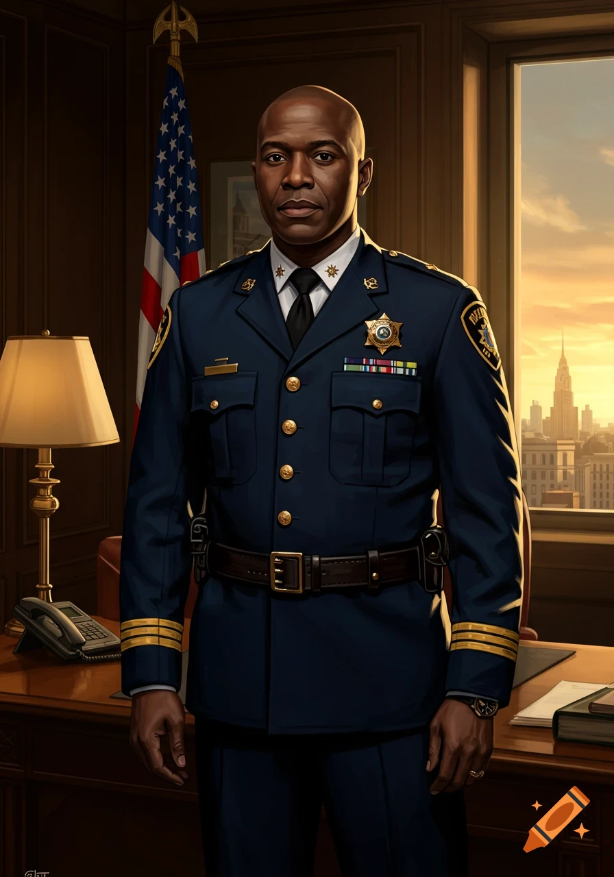 A photorealistic portrait of a man with long black hair in a dark blue ...