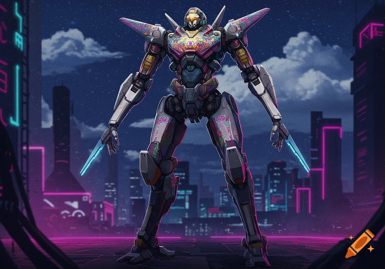 A colorful, intricate mecha robot stands in a neon-lit futuristic city ...