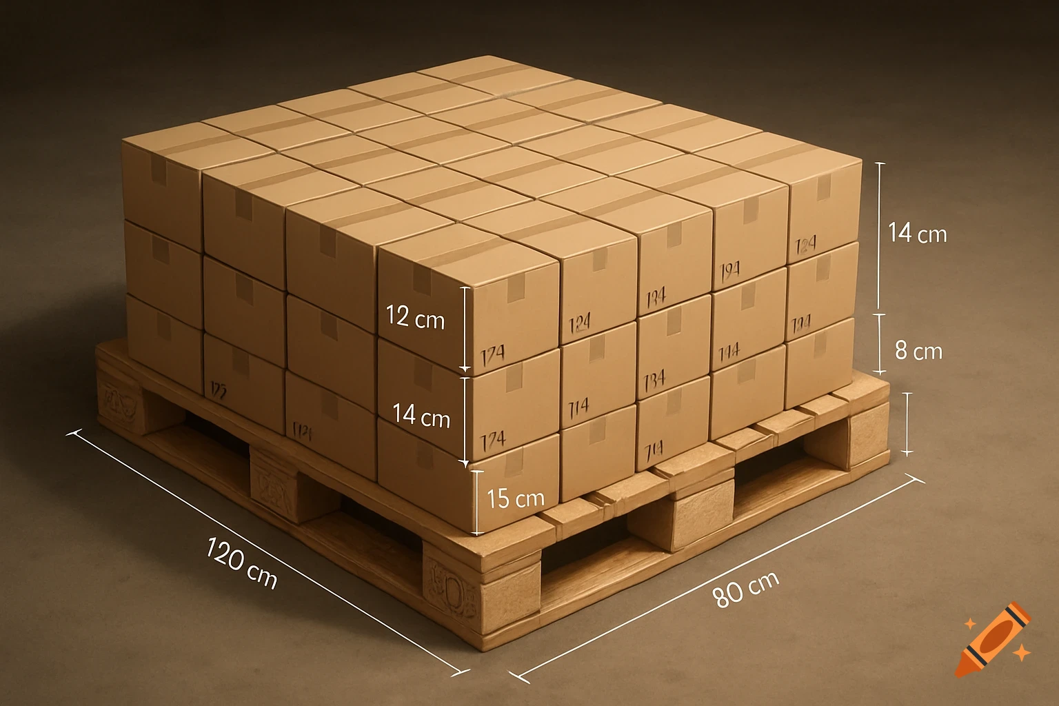A wooden pallet loaded with multiple stacks of brown cardboard boxes ...