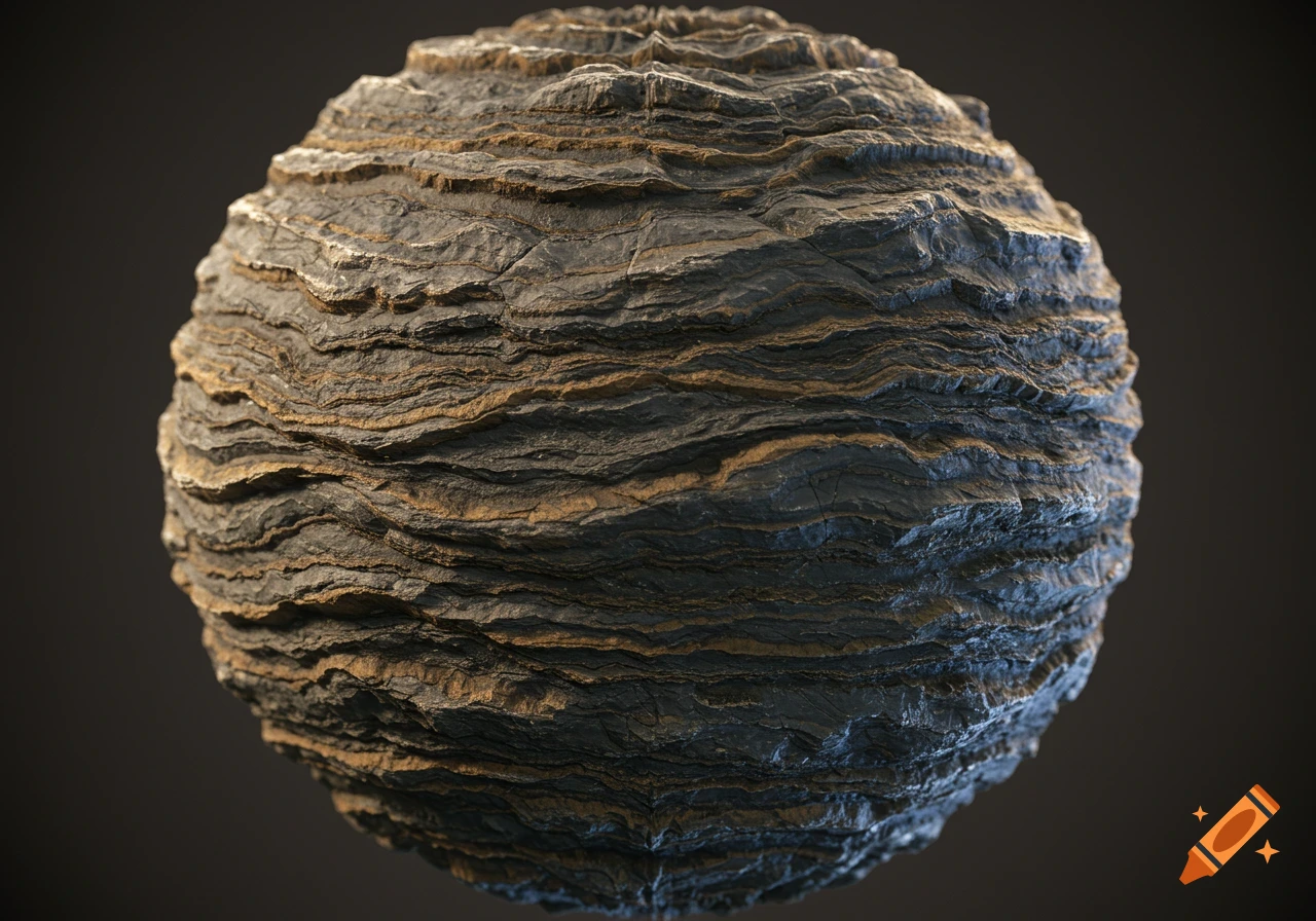 A detailed spherical rock with dark, layered textures and streaks of ...