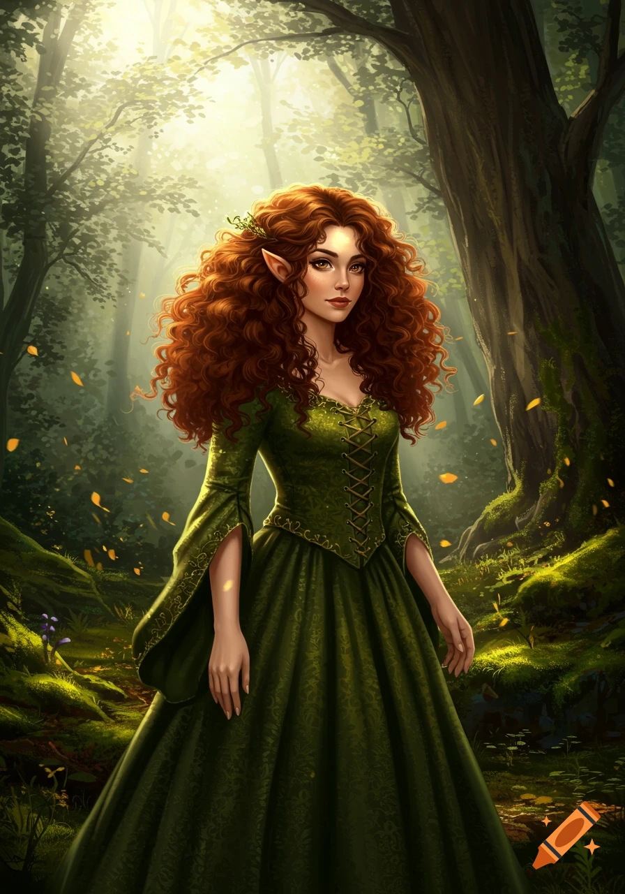 A red-haired witch in a green cloak stands before a large tree adorned ...
