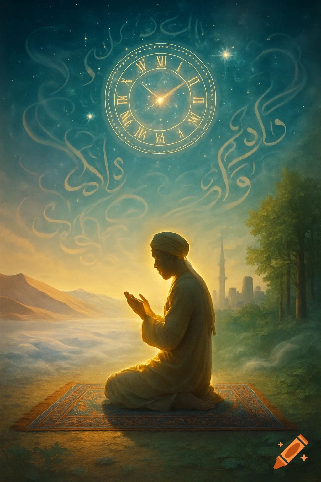 A brass lantern with a lit candle, an open book, prayer beads, and a ...