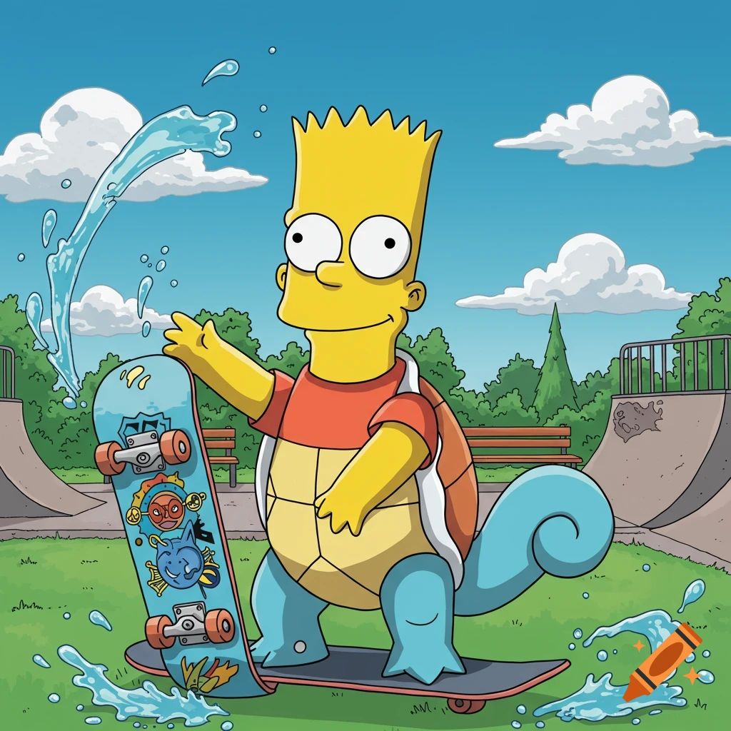 Bart Simpson with a Squirtle shell and tail on a skateboard, splashing ...