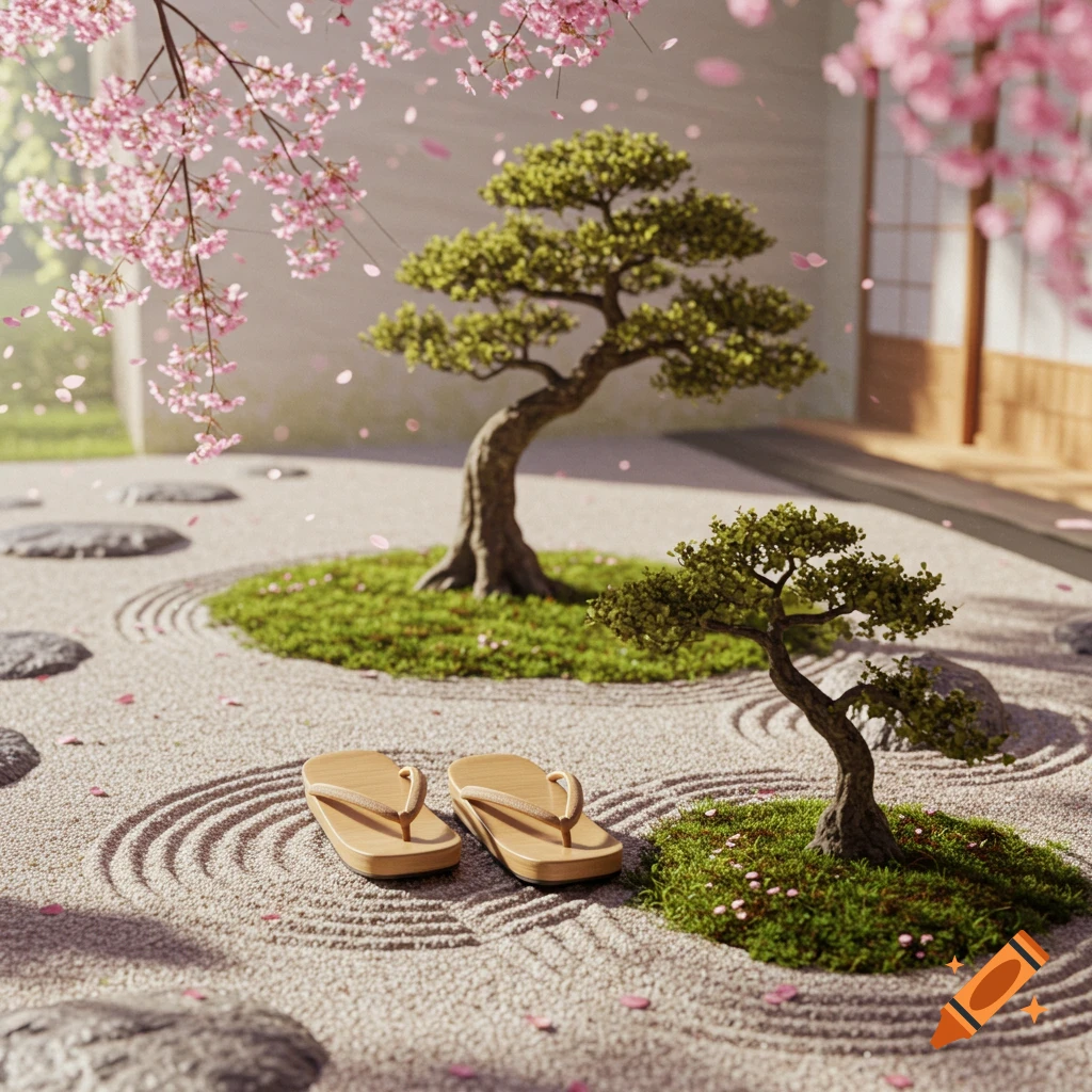 A serene Japanese zen garden with raked sand, two bonsai trees, pink ...
