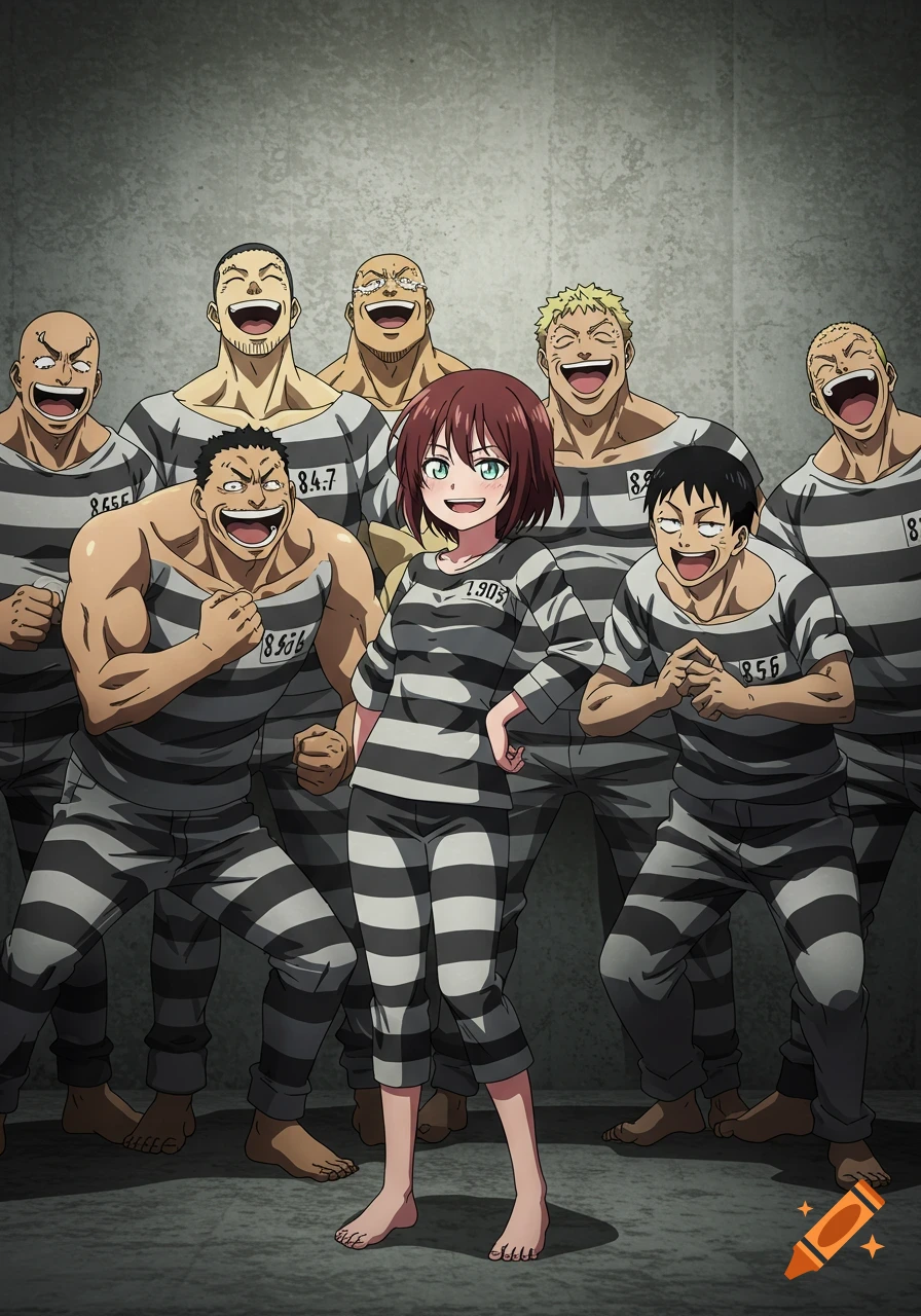 Eight anime-style prisoners, one young woman barefoot, seven buff men ...