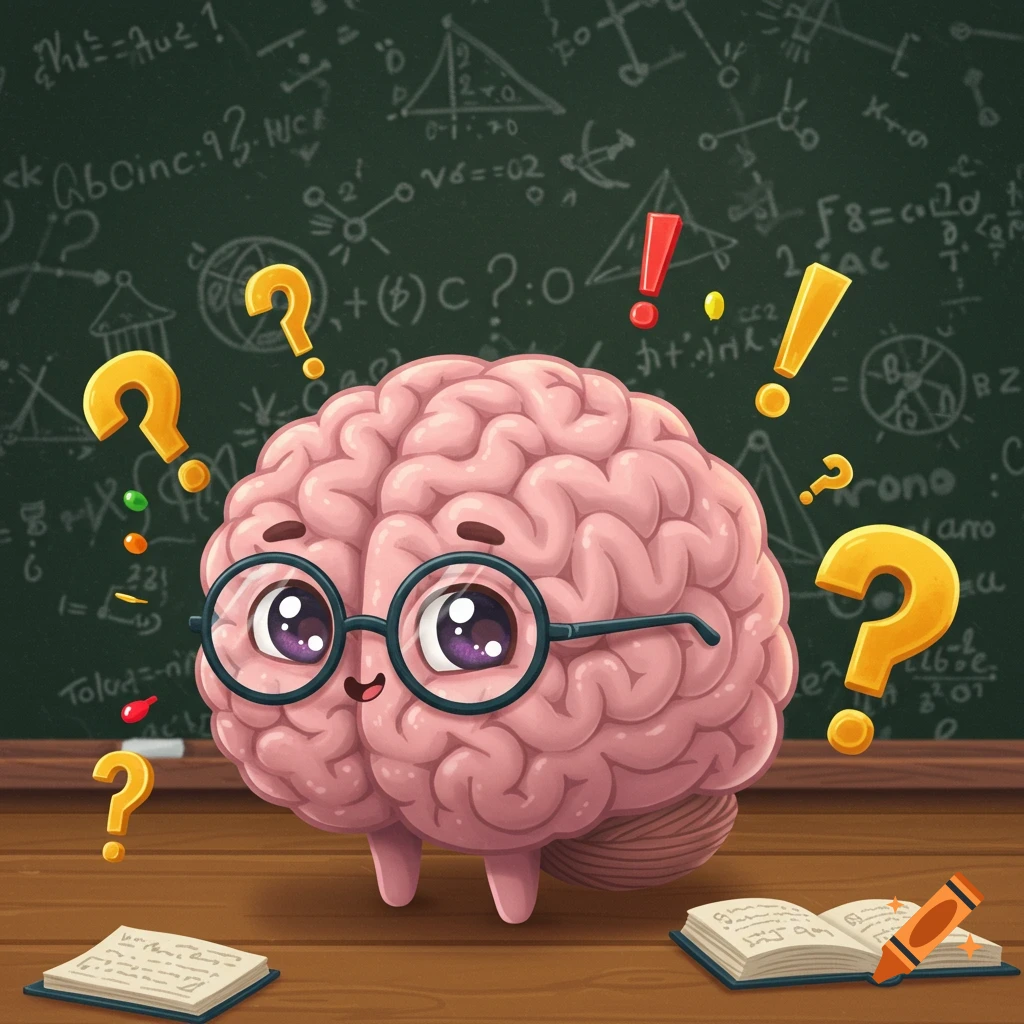 A cute, smiling cartoon brain with glasses sits at a desk with books, surrounded by question ...