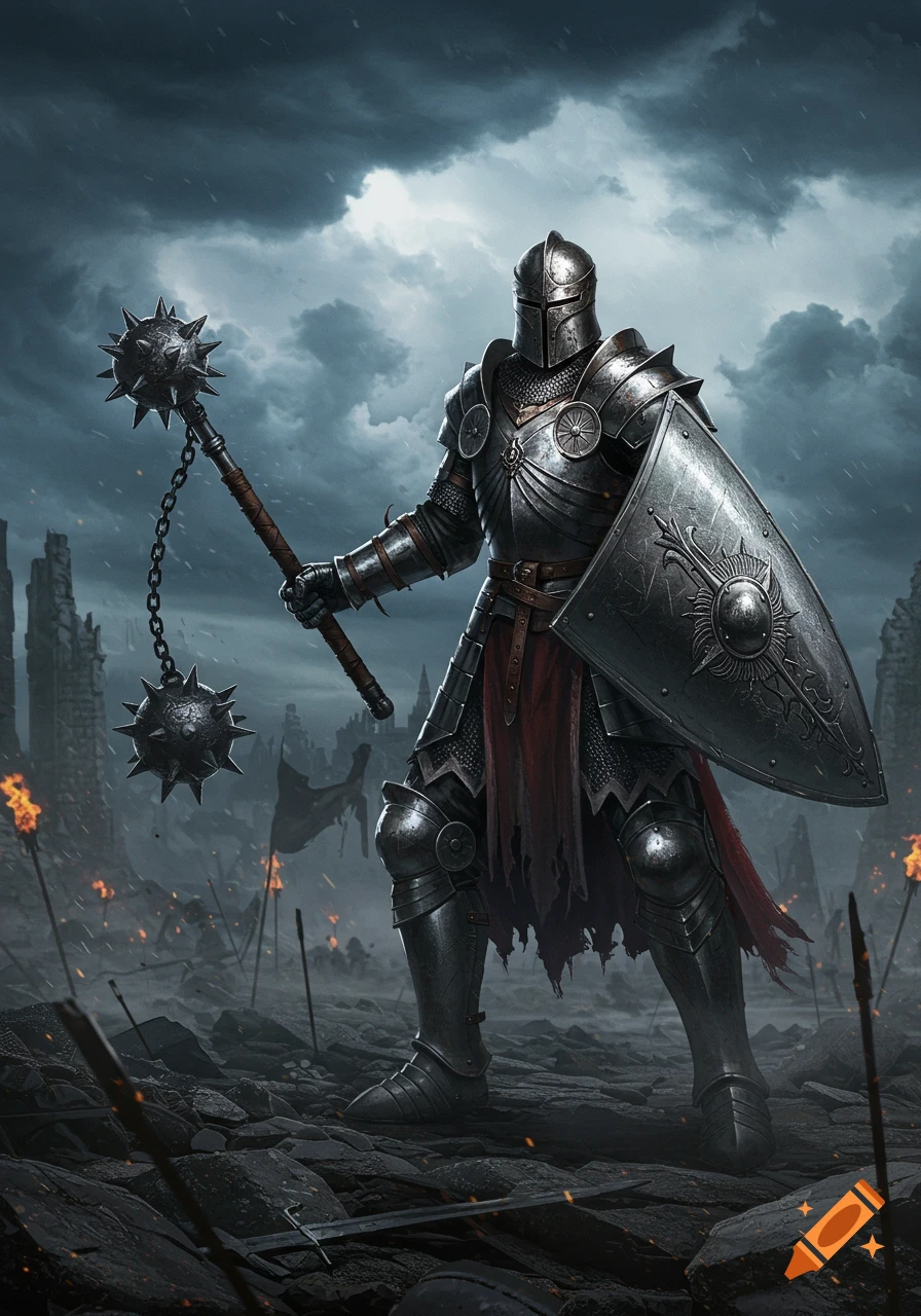 A woman in intricate iron armor and a helmet, shown in a side profile ...