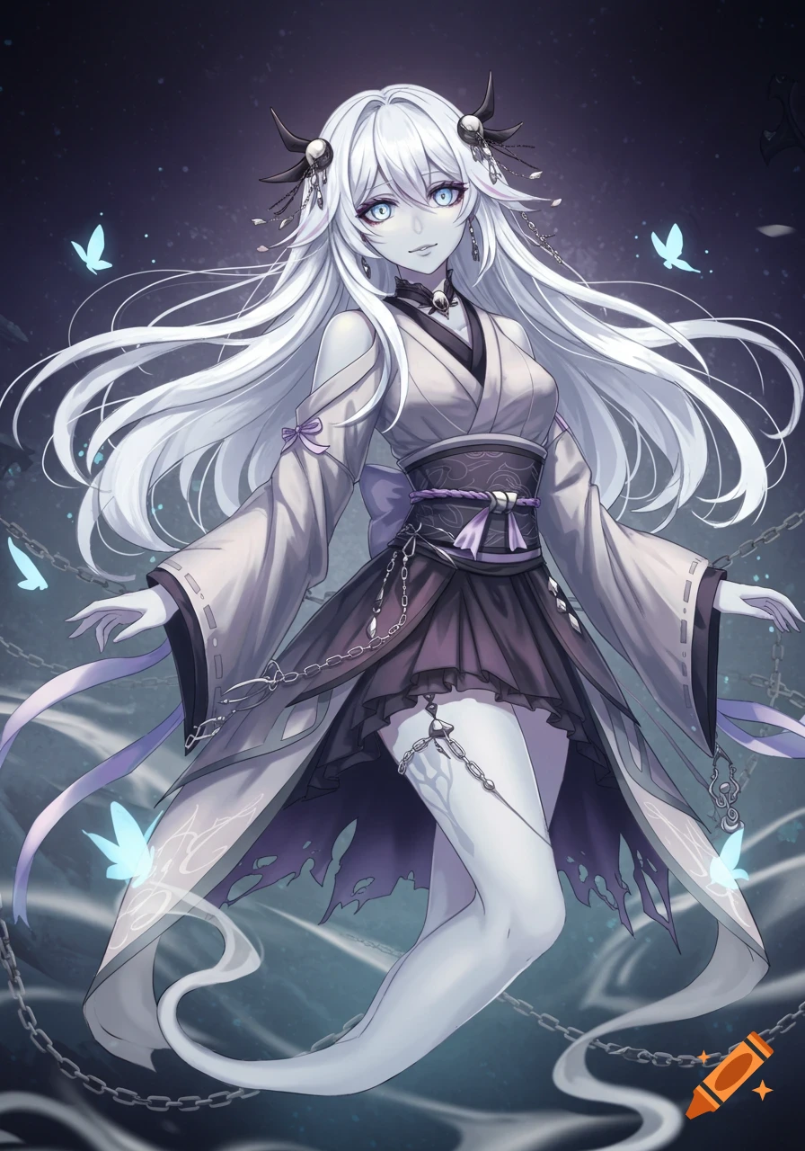 Anime illustration of a ghost girl with long white hair, pale skin, and ...