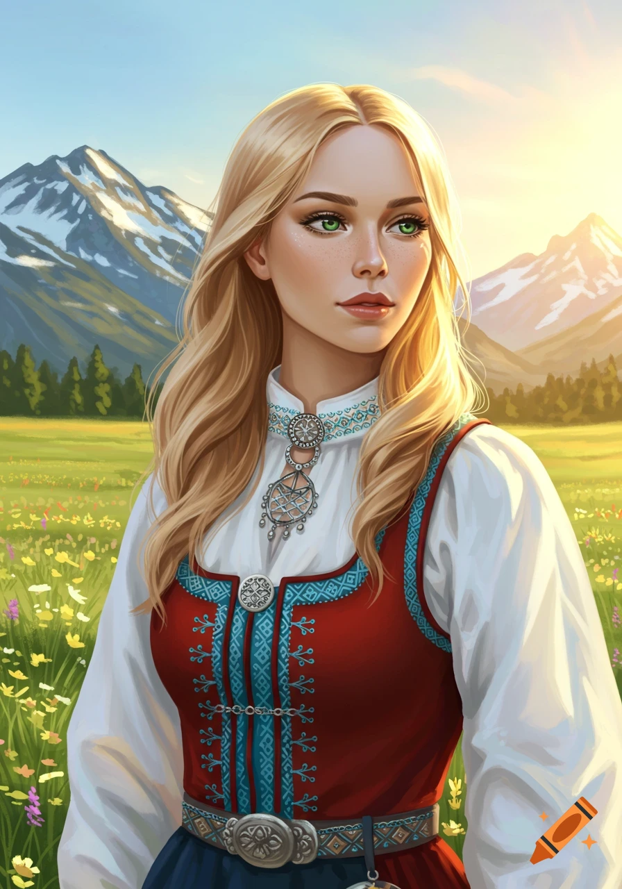 Smiling woman with blonde hair in traditional lederhosen and white ...