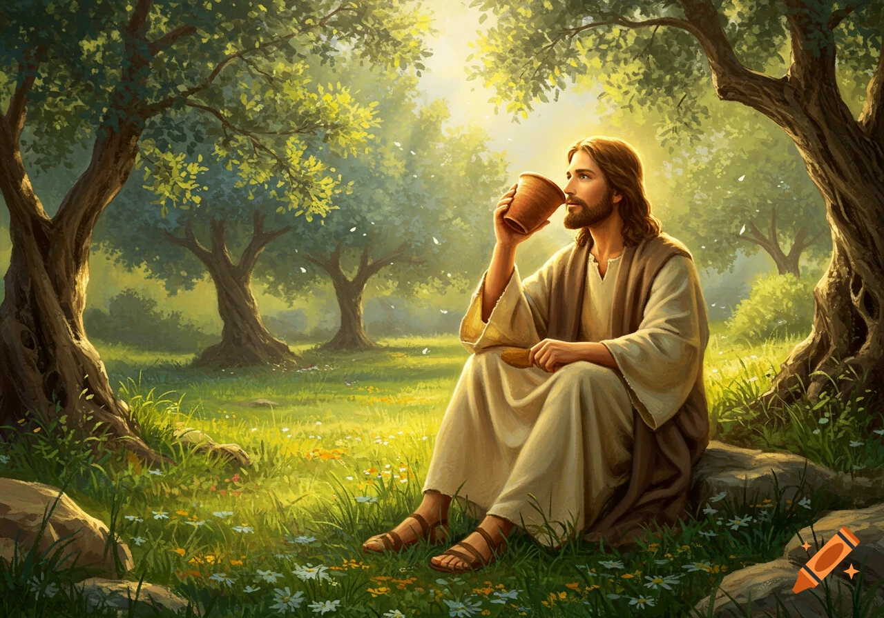Jesus sits in a sun-dappled meadow under trees, drinking from a clay ...