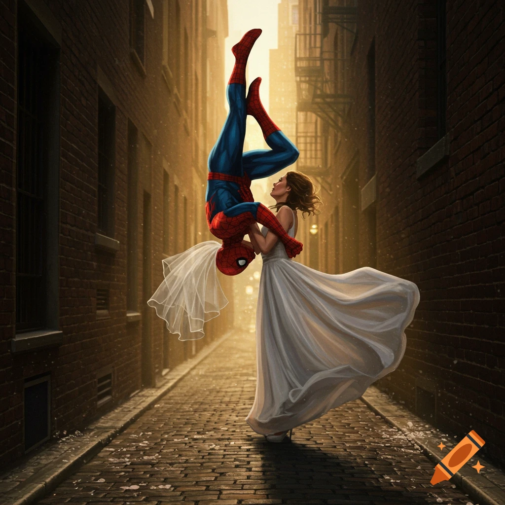 Spider-Man hangs upside down, kissing a bride in a flowing white dress ...