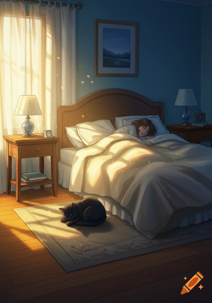 An anime illustration of a person sleeping soundly in a sunlit bedroom ...