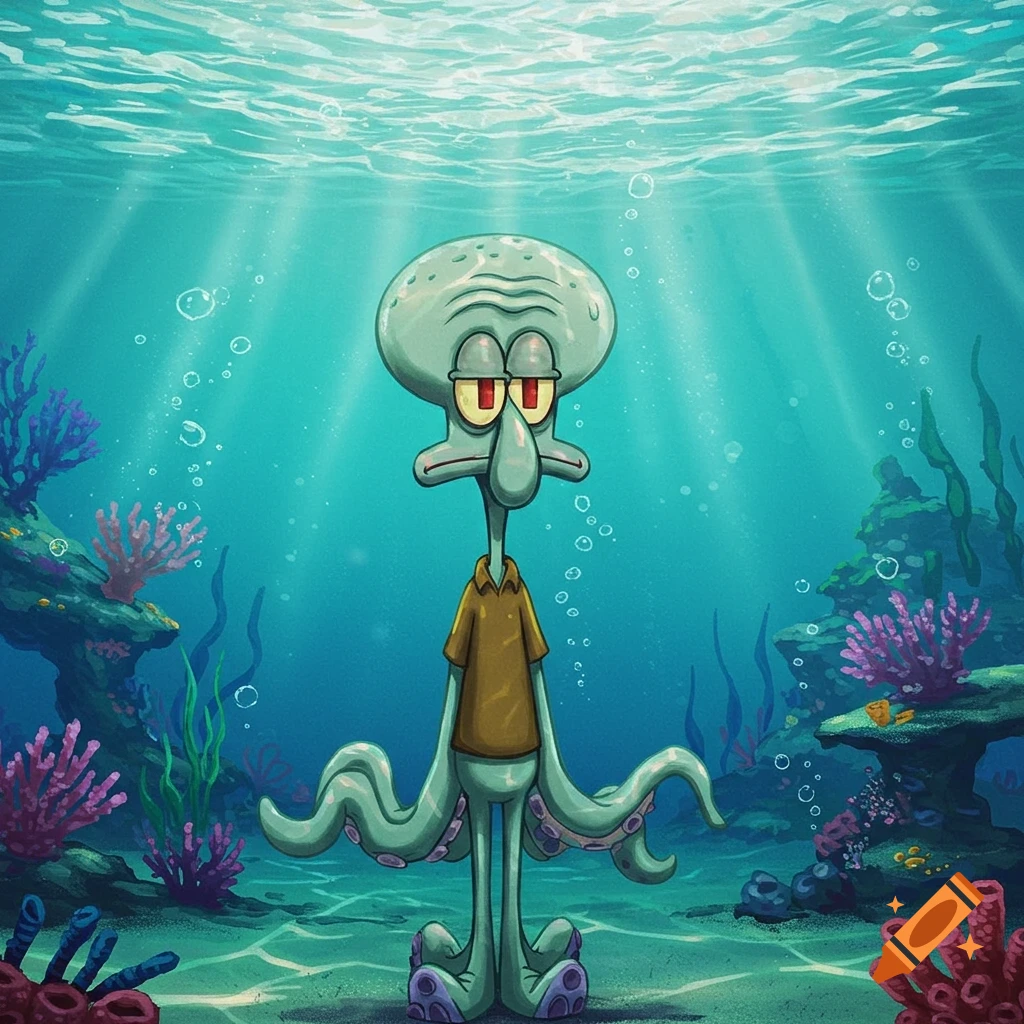 Squidward Tentacles stands underwater among coral, looking grumpy, with ...