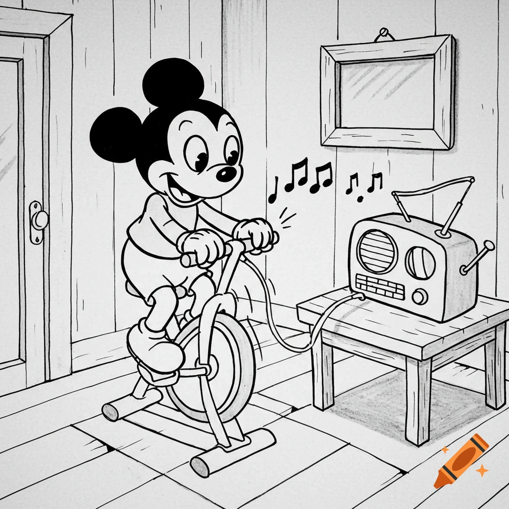 A black and white cartoon character resembling Mickey Mouse rides a ...