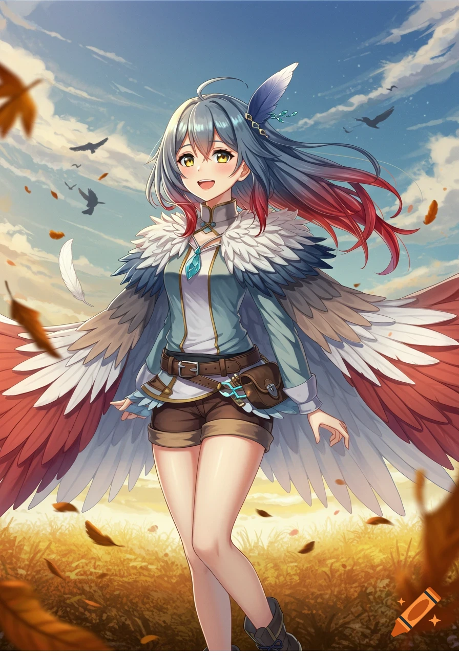 An anime girl with gray and red hair, wearing a feathery cape, smiles ...