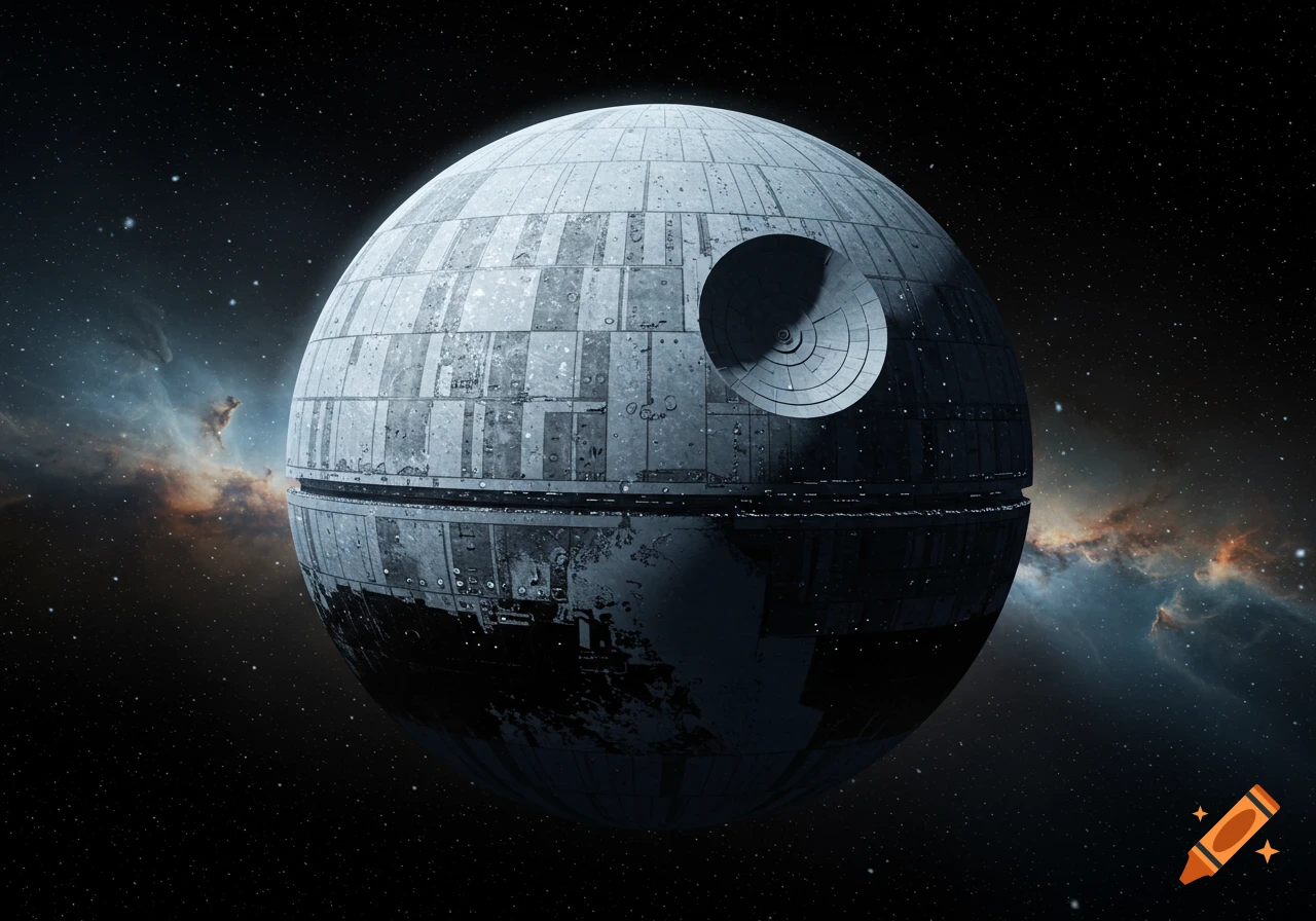 A photorealistic depiction of the Death Star, a massive spherical space ...