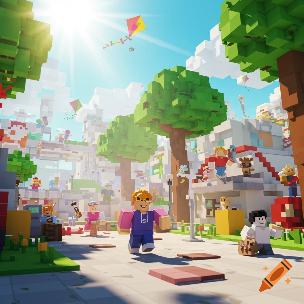 Blocky characters run and play in a sunny, colorful voxel-art city with ...