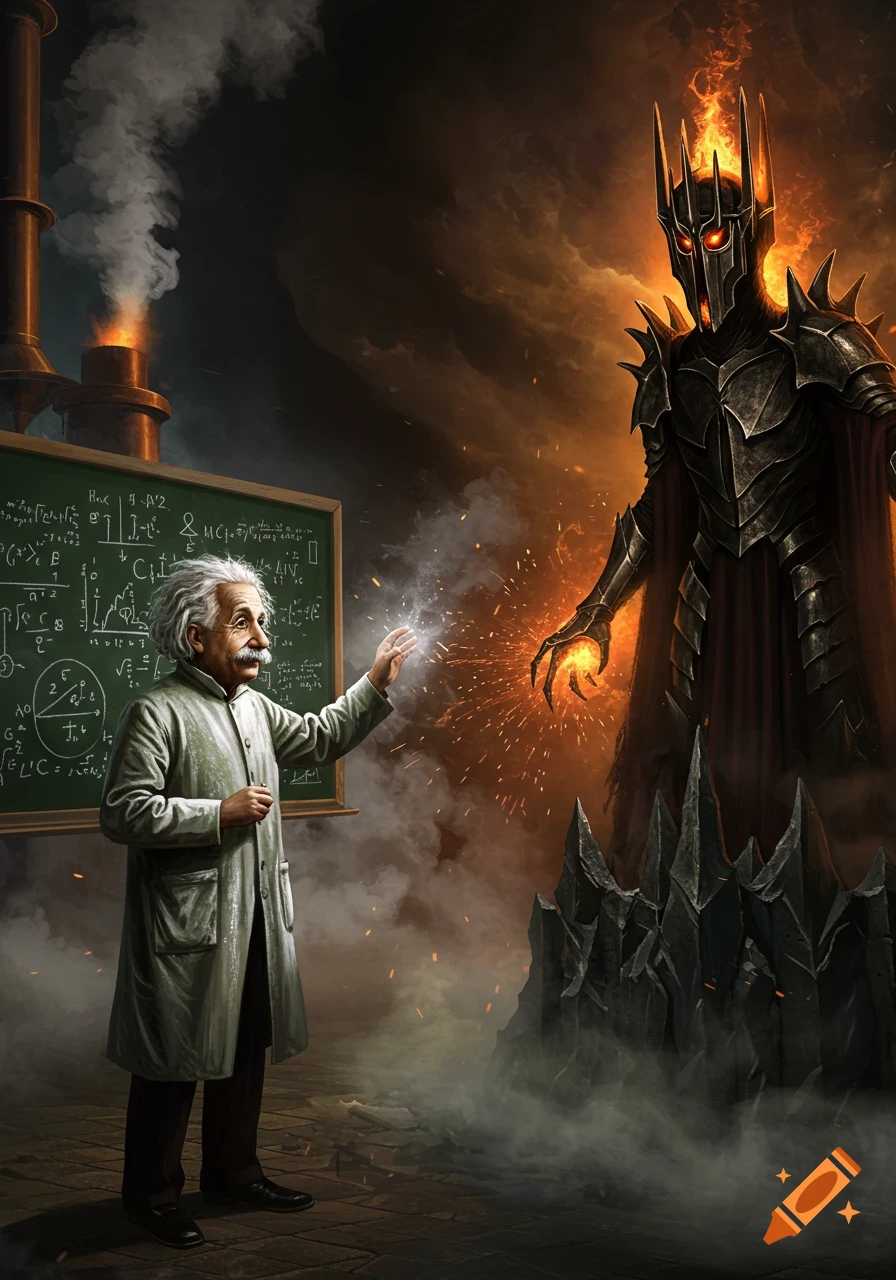 Albert Einstein, in a lab coat, faces a fiery Sauron-like figure with a ...
