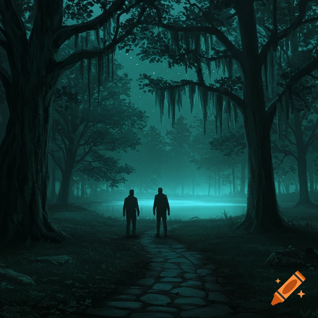 Haunted field with tall grass bending in the wind and a mysterious ...