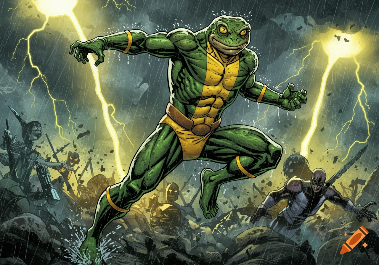A green frog-like superhero, Frog-Man, leaps through a rainy ...