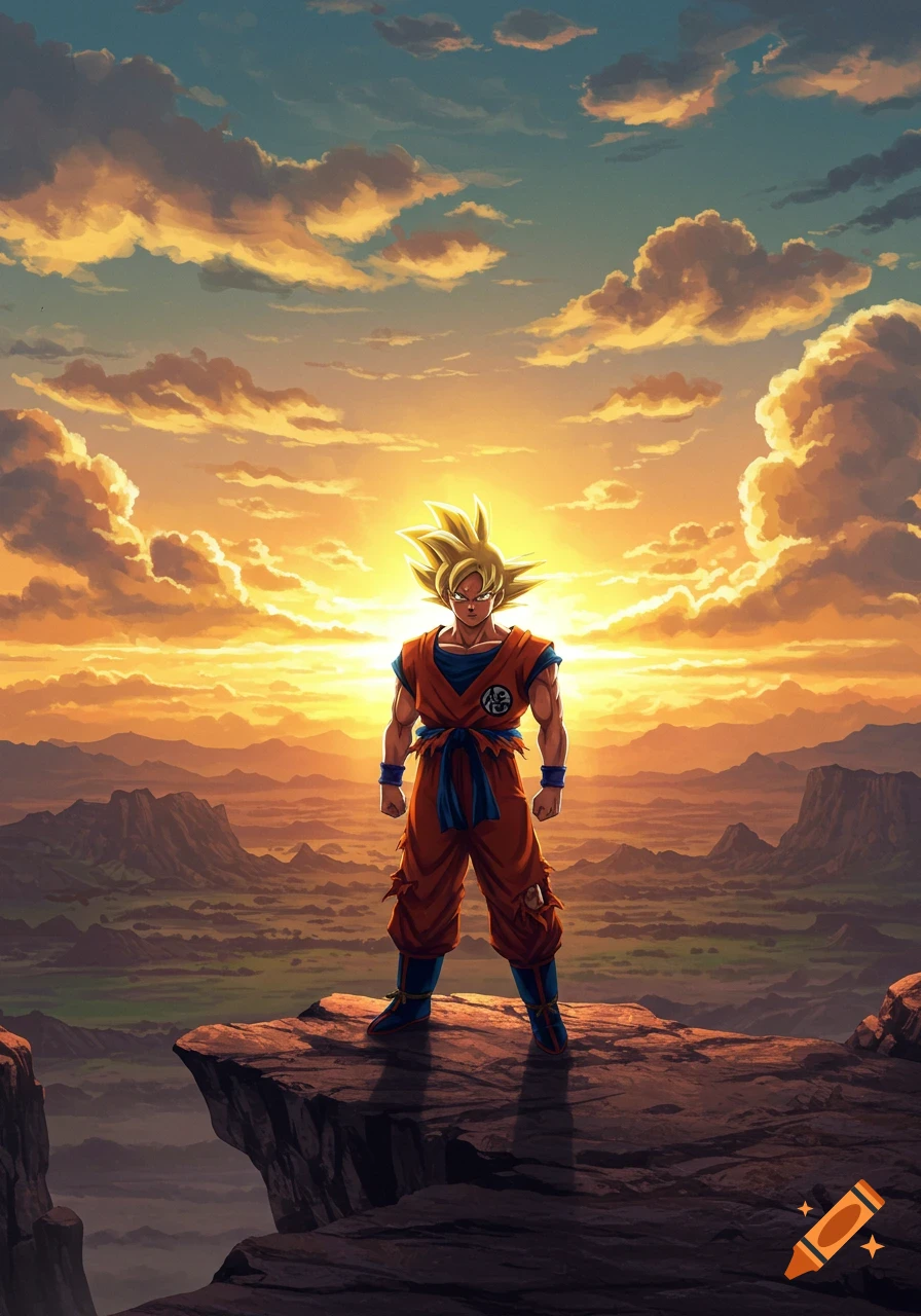 Anime-style Goku stands with electric aura as the dragon Shenron coils ...