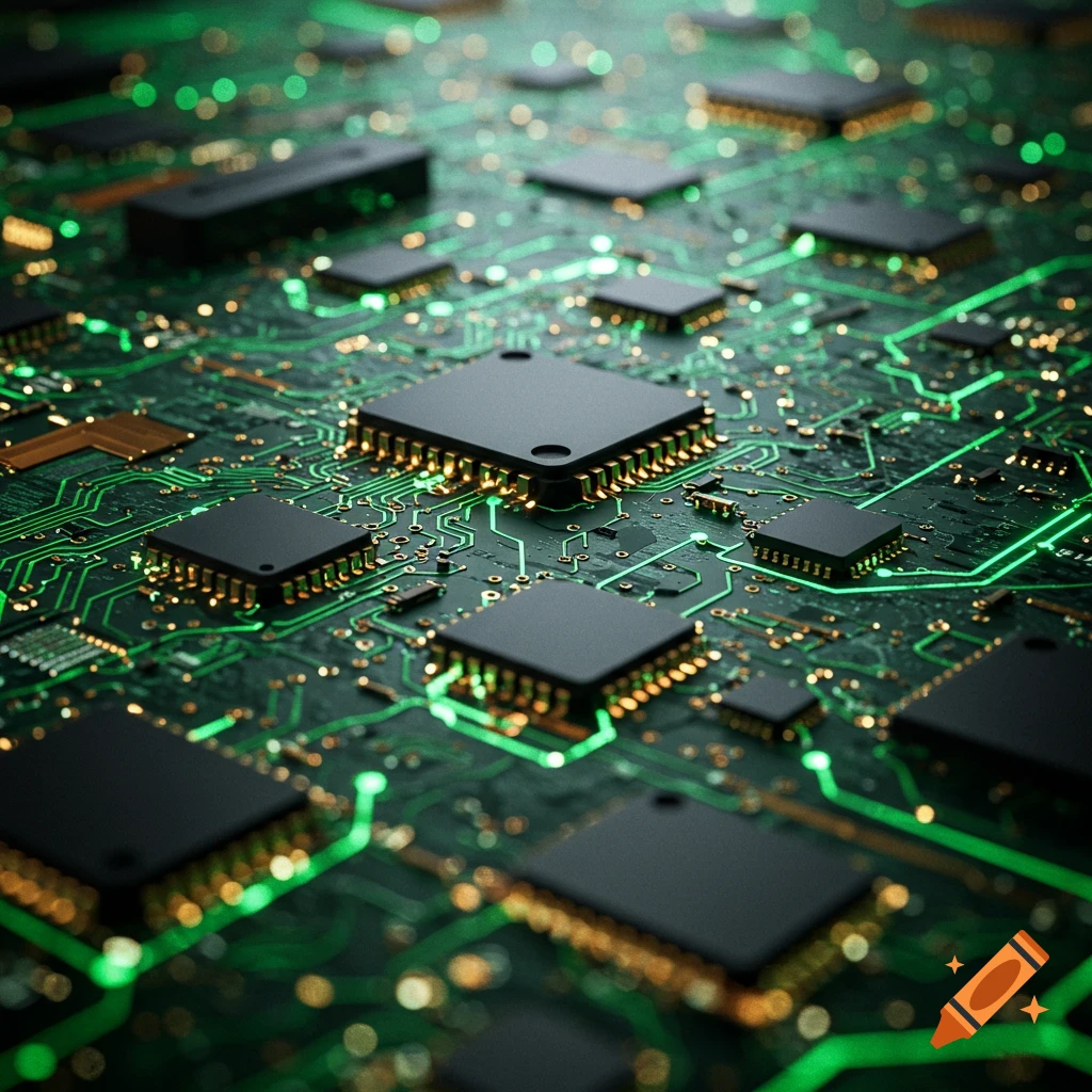 Close-up of a computer CPU with gold pins, a dark surface showing ...