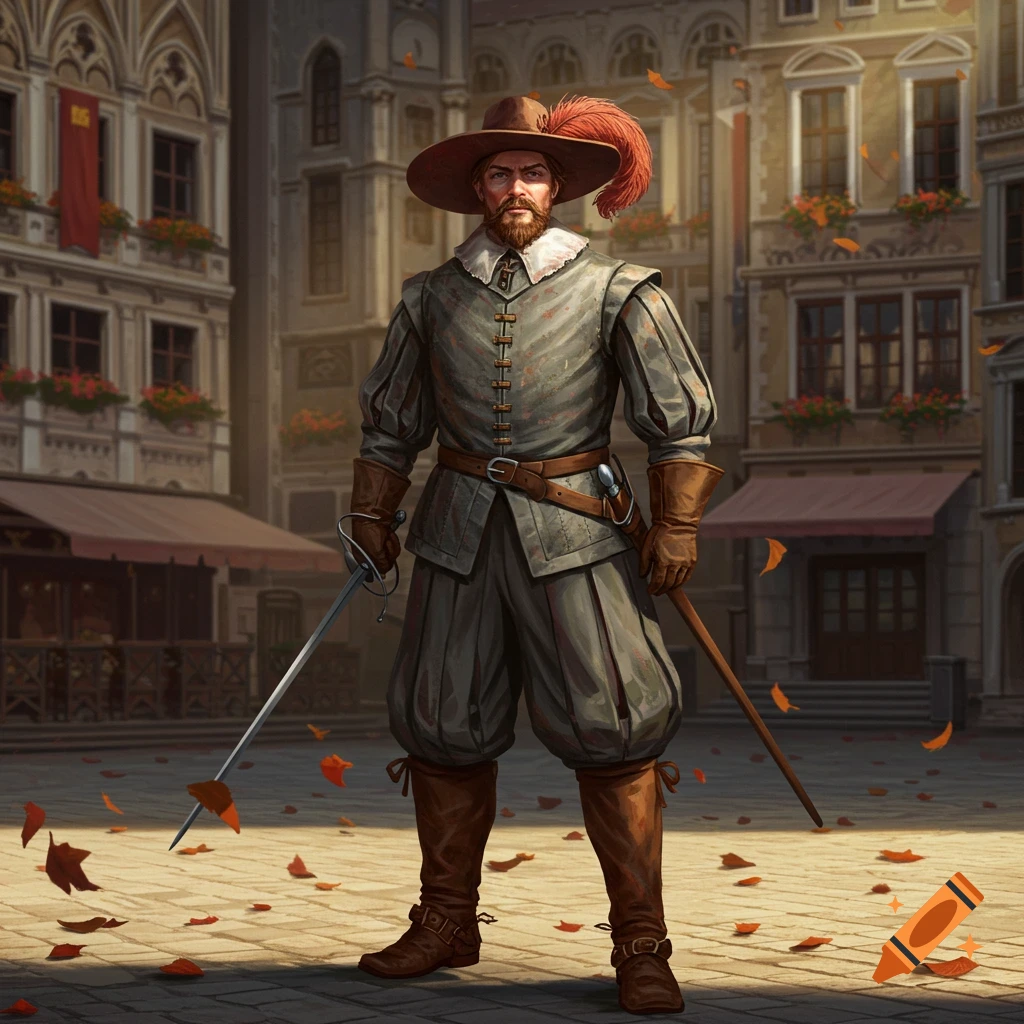 A bearded man in a Renaissance mercenary costume with a plumed hat ...