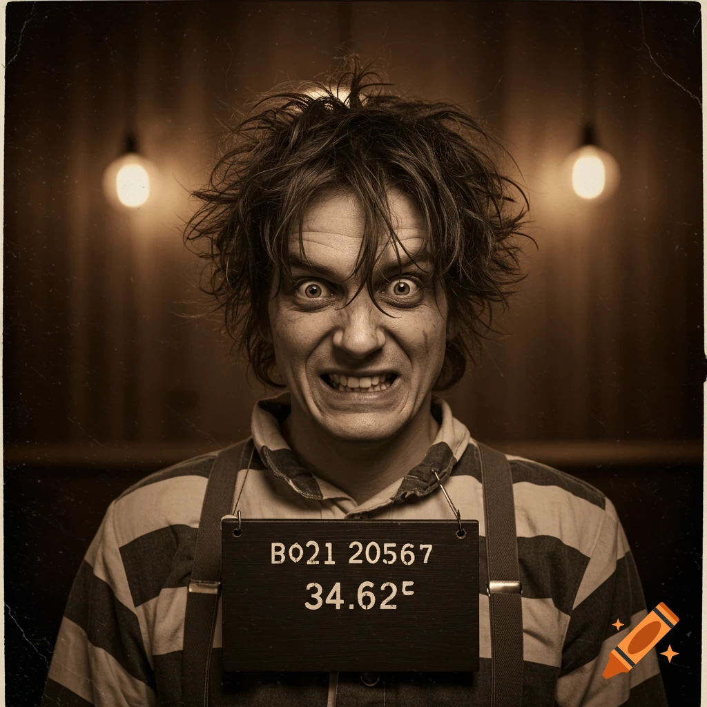 Vintage sepia mugshot of a wild-haired person with wide eyes, bared ...