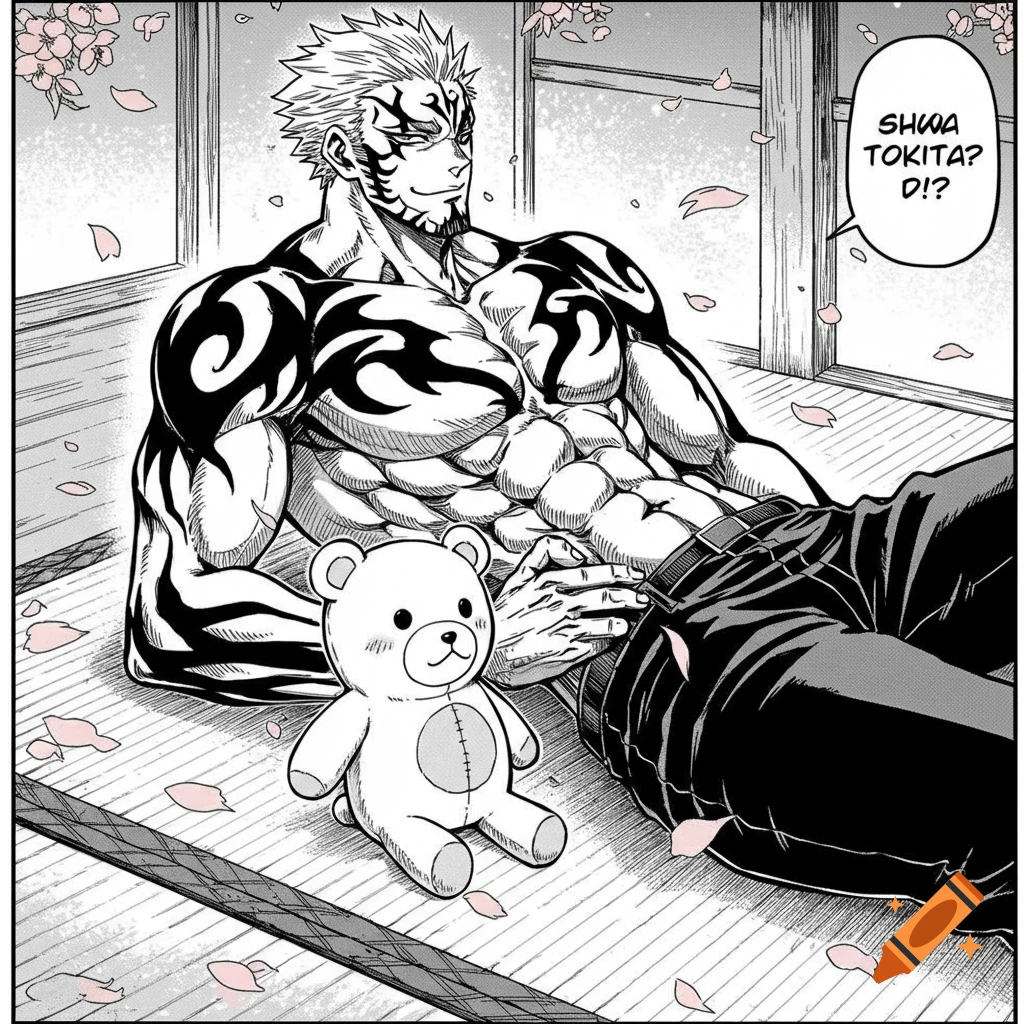 A muscular, tattooed man with spiky hair in a manga panel, laying down ...