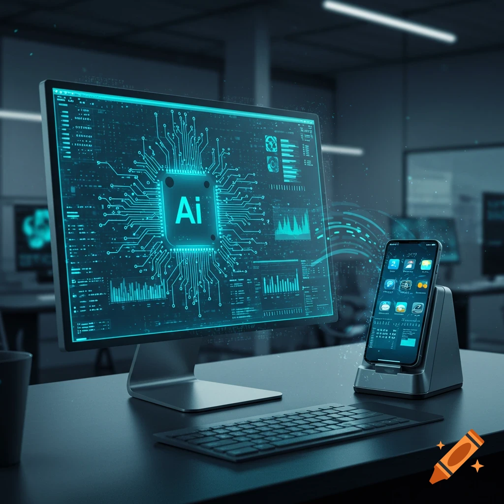 A futuristic data lab where students work at holographic computer ...