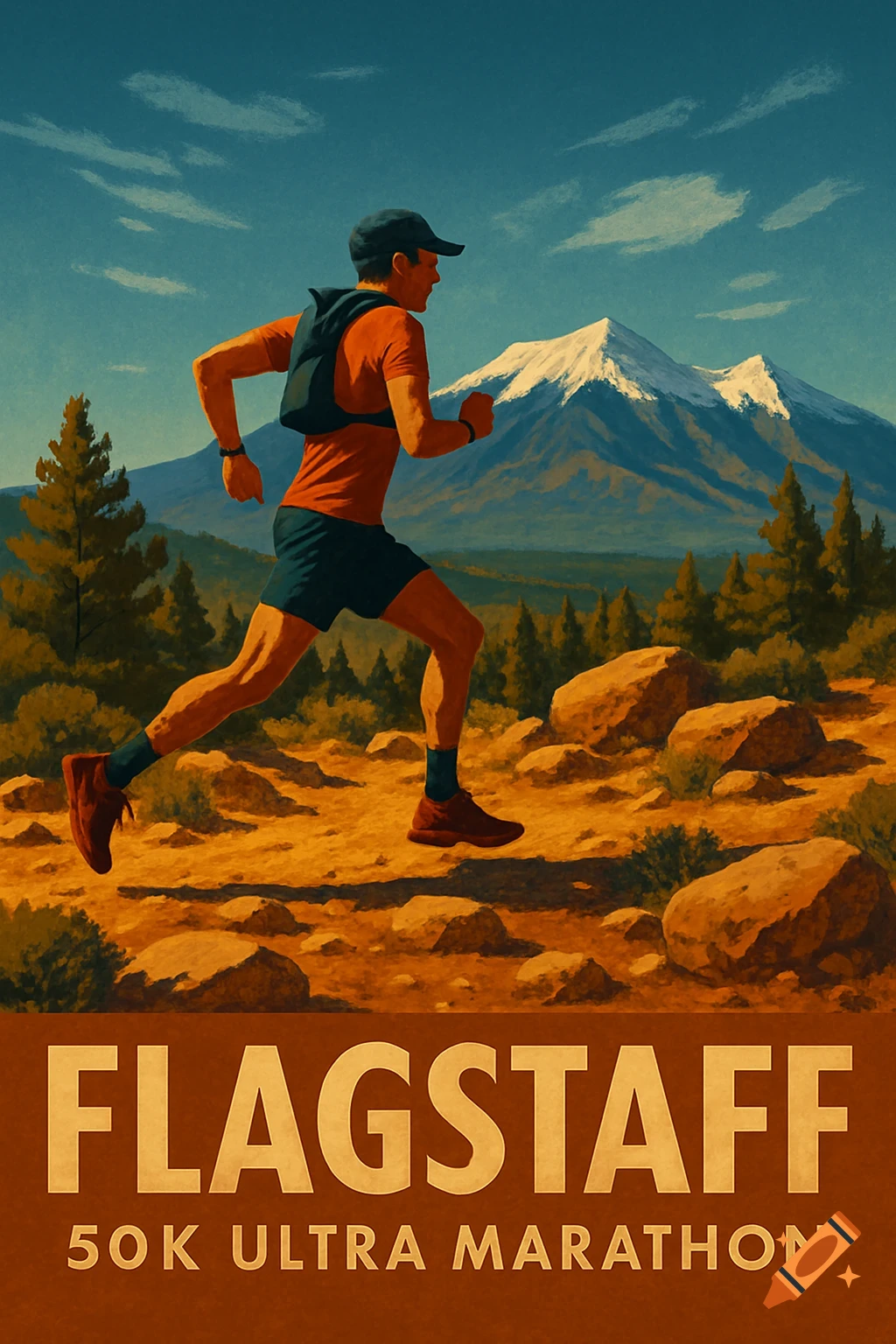 A stylized poster art illustration of a man trail running through a ...