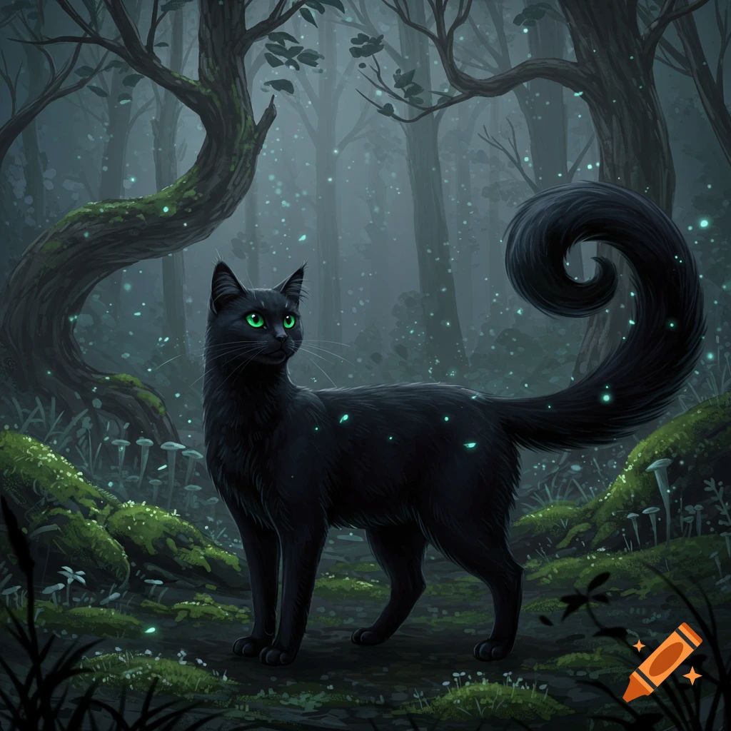 A mystical black jaguar with glowing jade green eyes and nine glowing ...