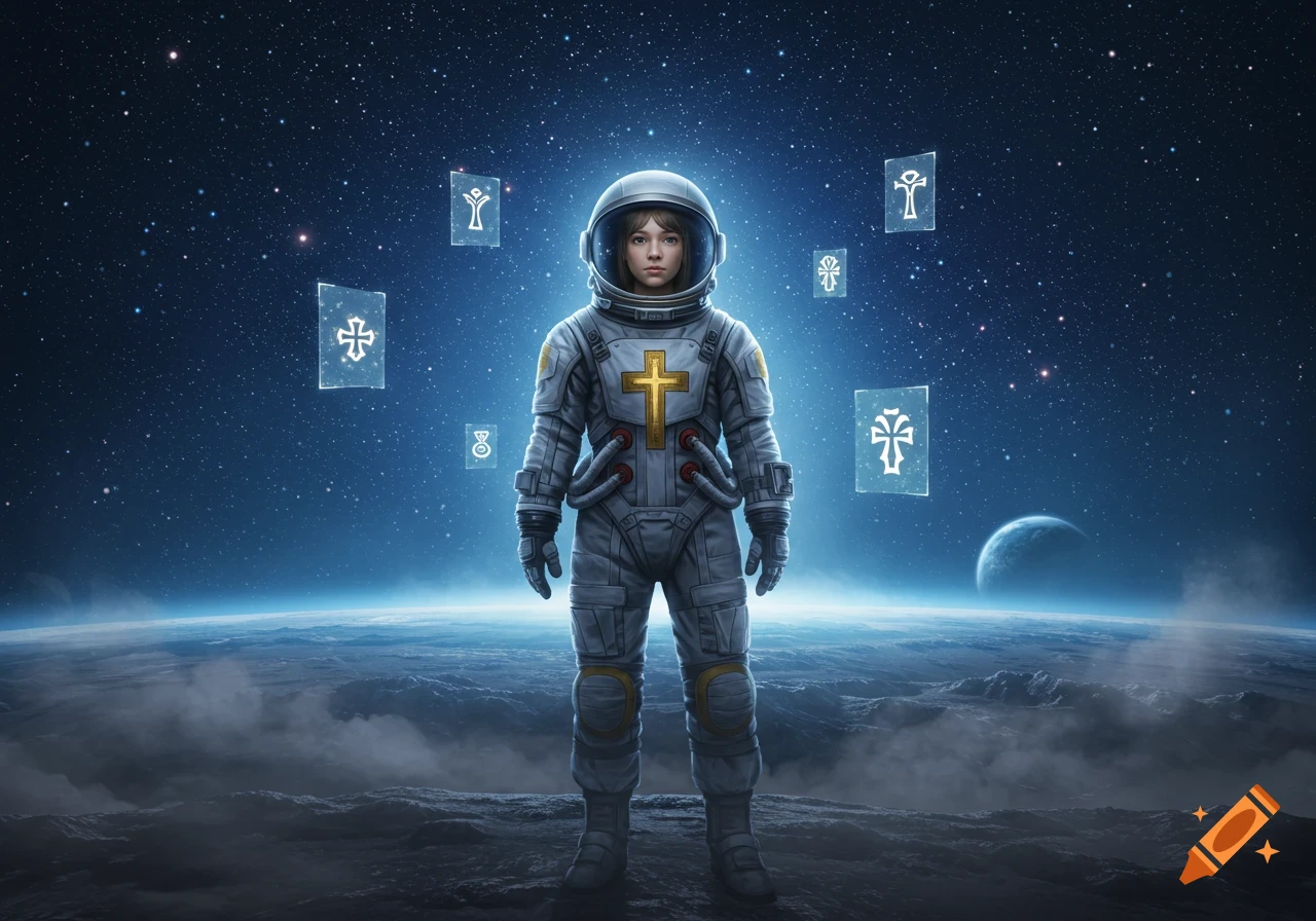 Child astronaut in a futuristic suit with a golden cross on chest ...
